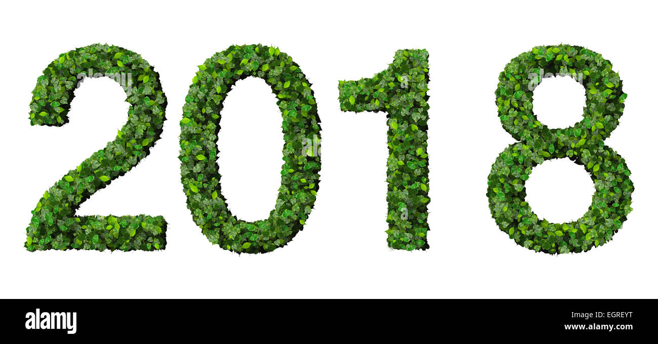 Year 2018, date made from green leaves isolated on white background ...