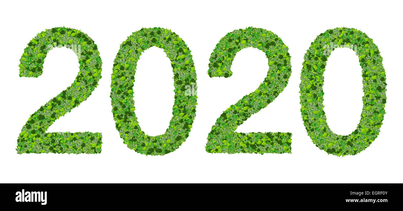 Year 2020, date made from green leaves isolated on white background ...