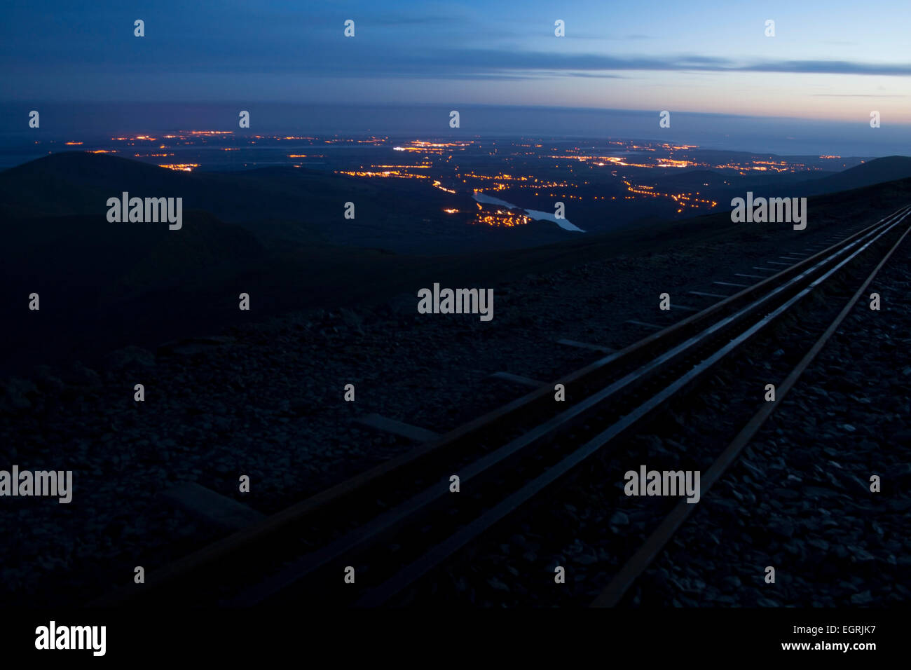 Snowdon at night with train track and lights in the distance Stock ...