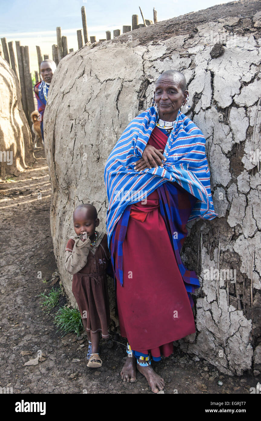 Two generations of village people, Maasai Mara, Kenya, Africa Stock ...