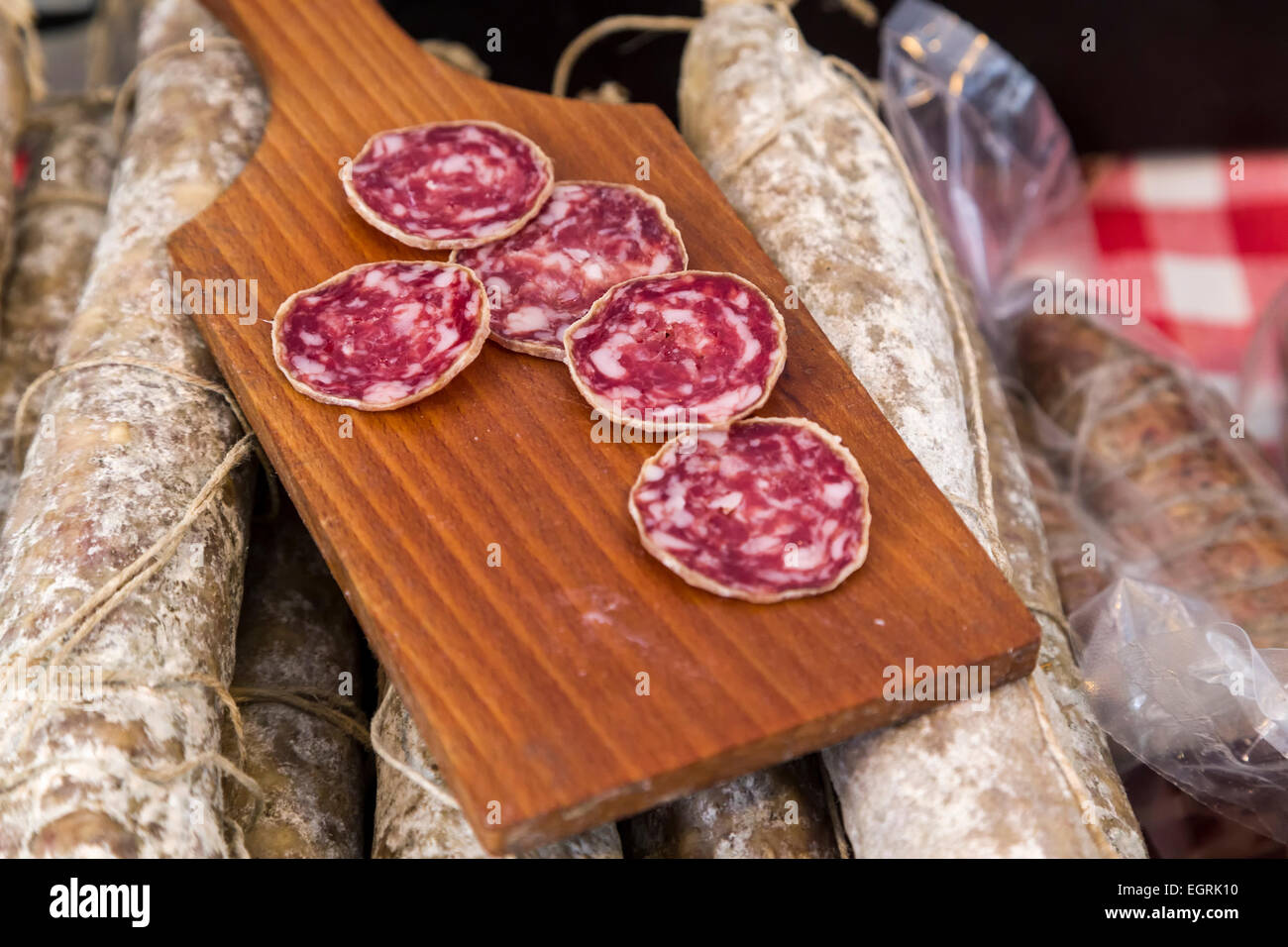 Salami on Display at a Traditional Italian Food Market Stock Photo - Alamy