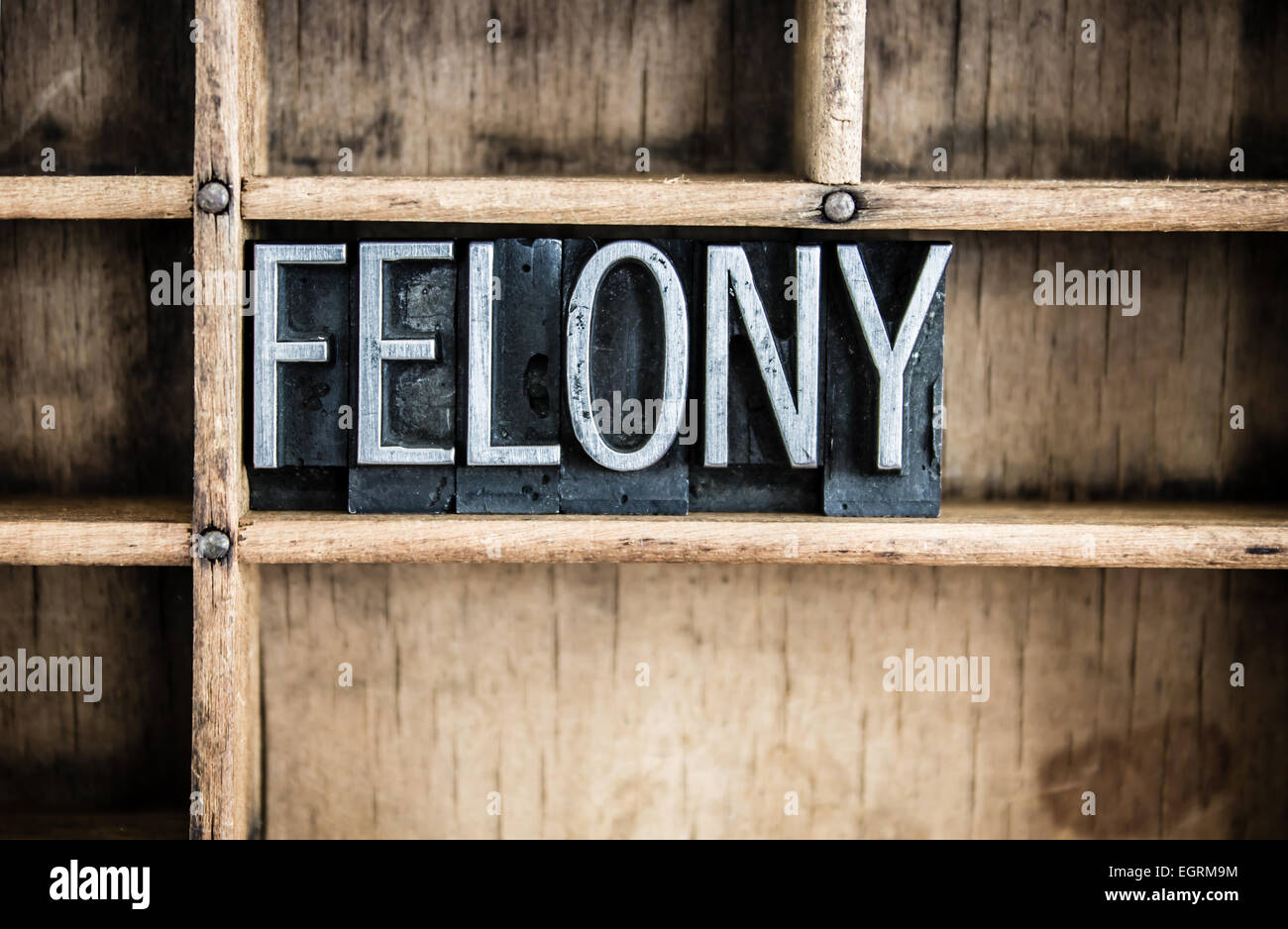 The word "FELONY" written in vintage metal letterpress type in a wooden ...
