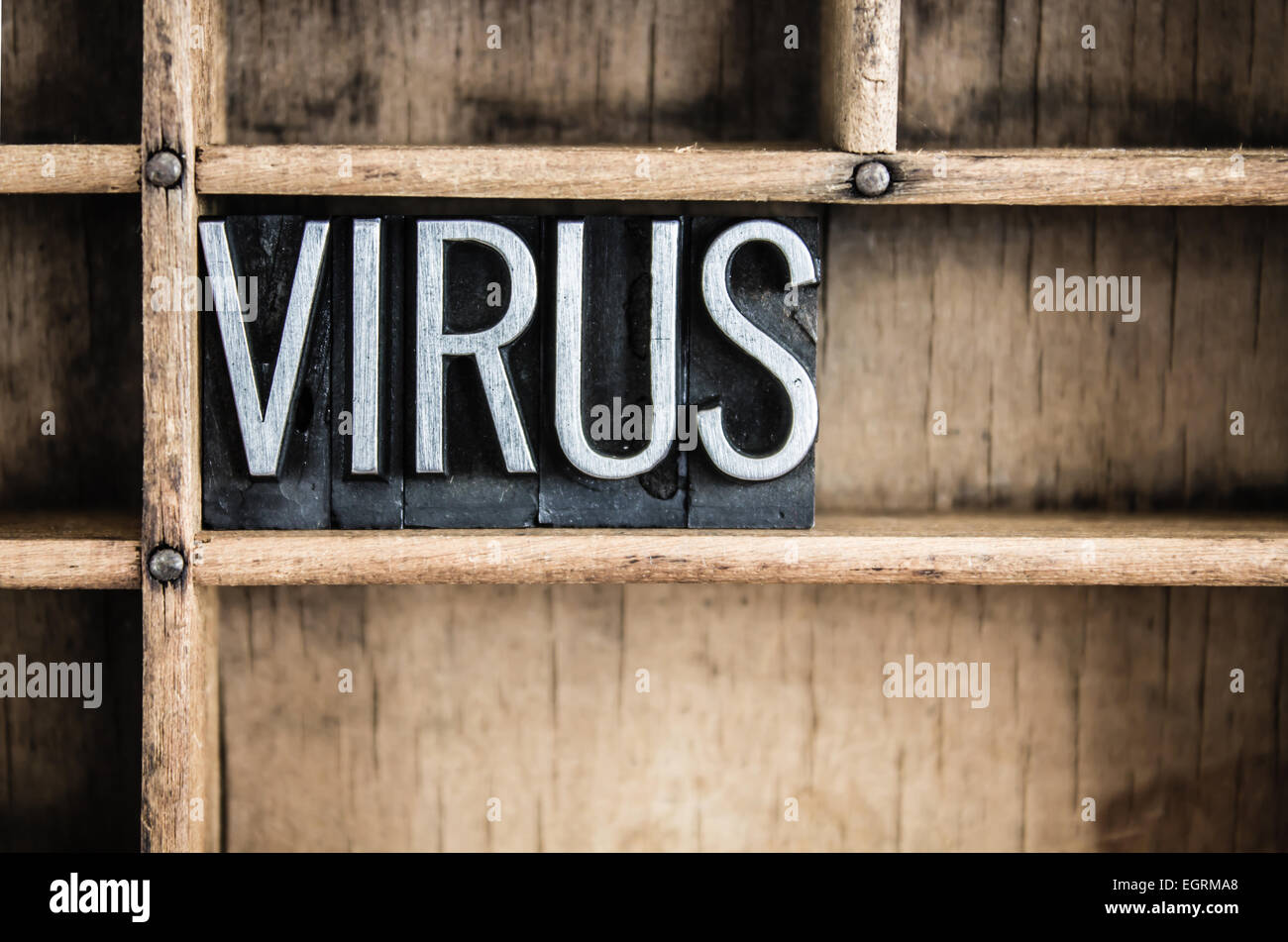 The word "VIRUS" written in vintage metal letterpress type in a wooden ...