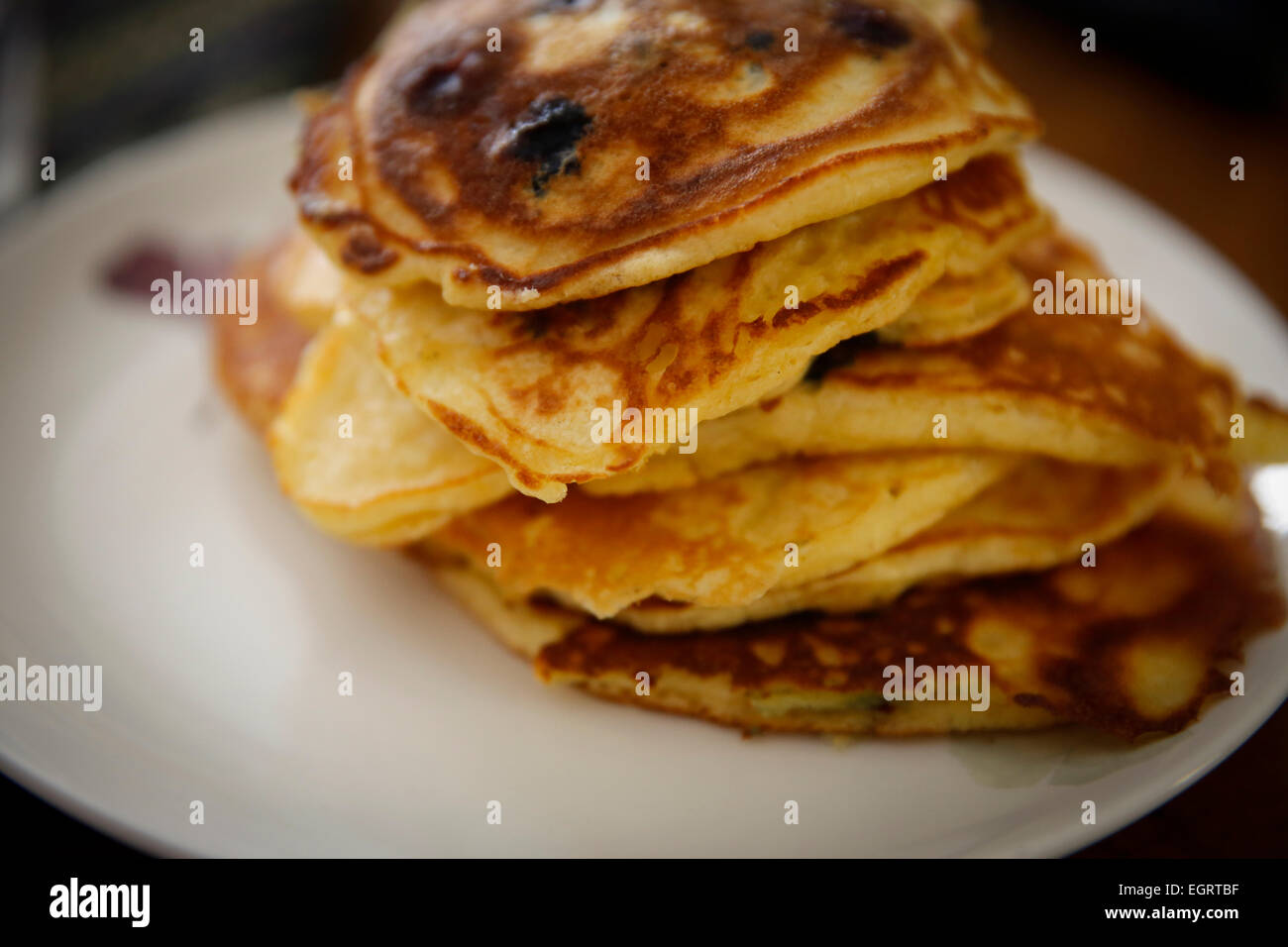 breakfast food cooking blueberry pancakes stack steaming hot Stock ...
