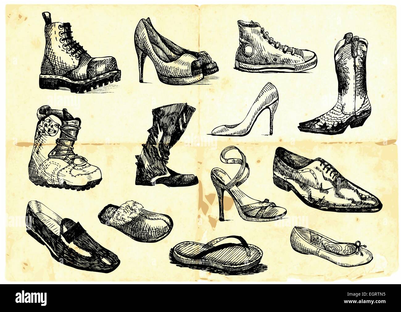 hand drawing - a collection of shoes of various types and styles Stock ...