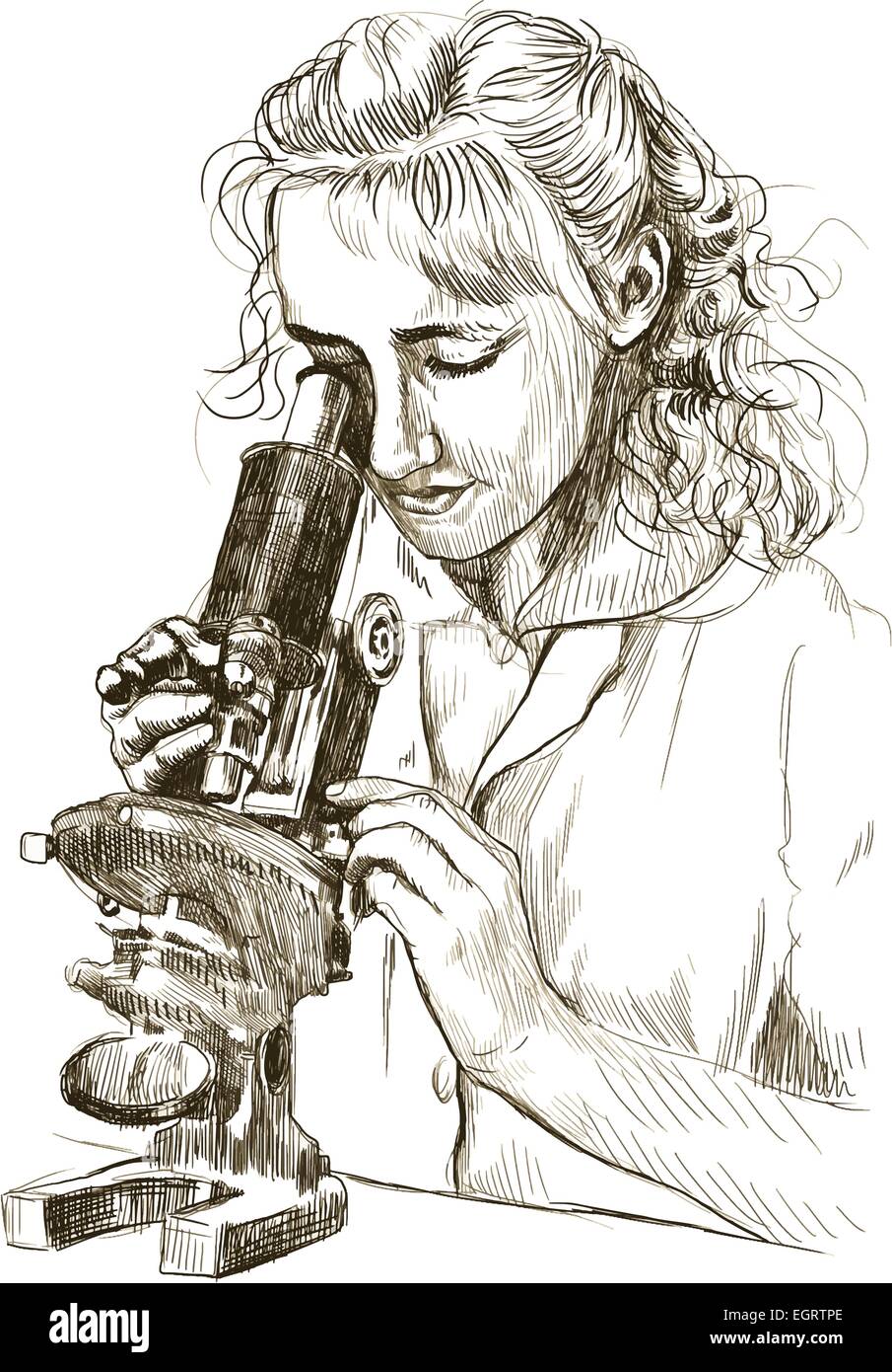 An hand drawn illustration: Young woman with microscope Stock Vector ...