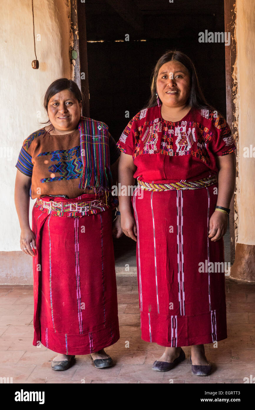 Portrait of two Ixil Maya indigenous women in the doorway of their ...