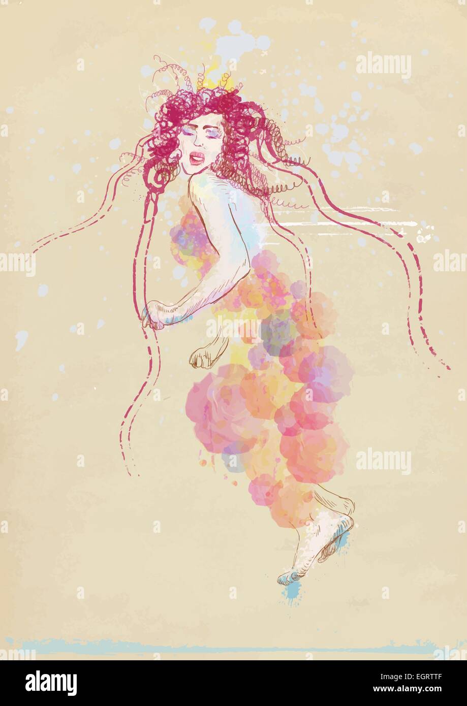 An hand drawn illustration - cheerful lady, jumping beauty Stock Vector ...