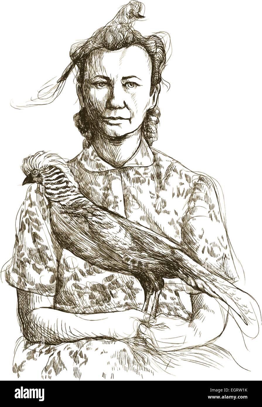 An hand drawn illustration - woman with many birds Stock Vector Image ...