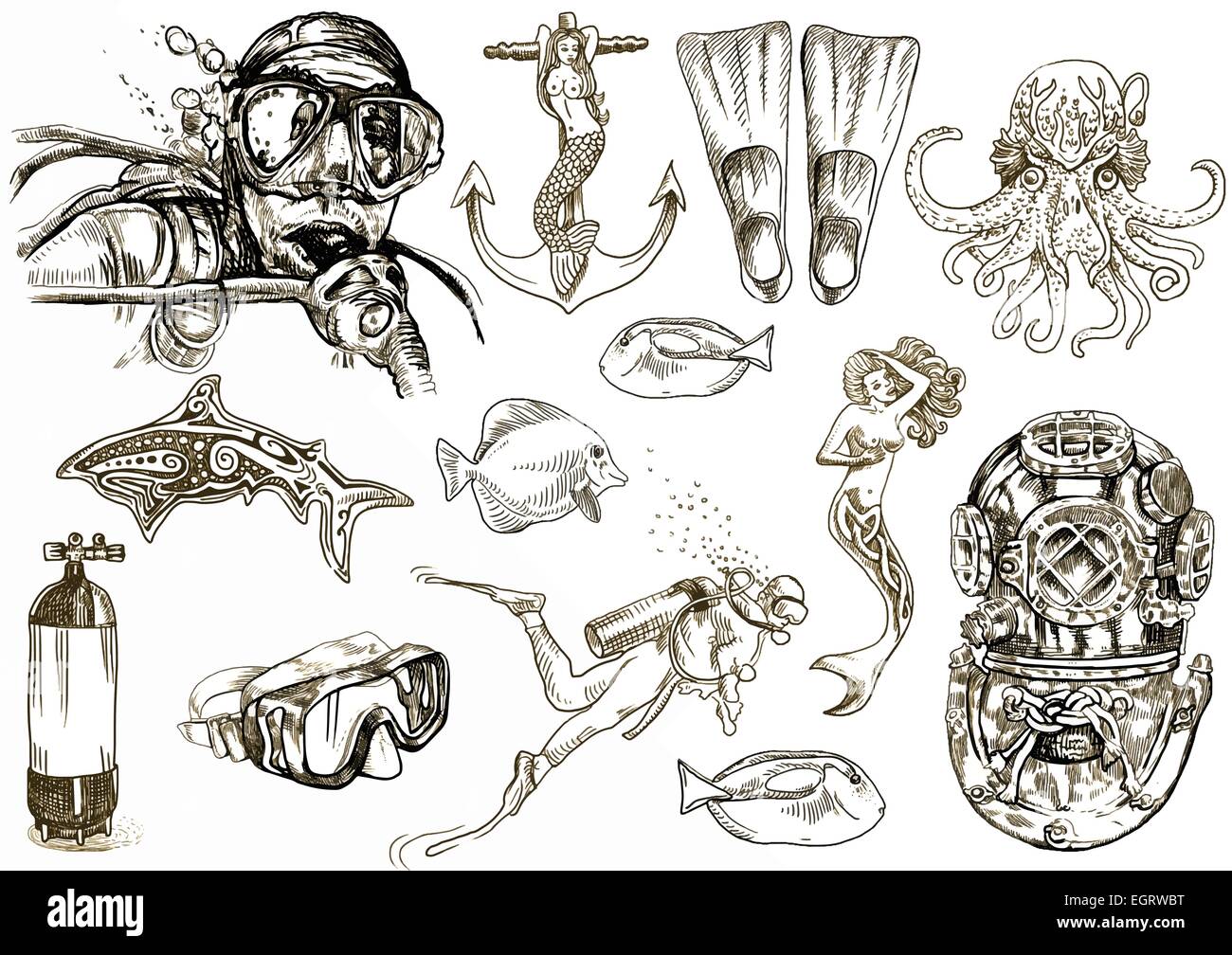 An hand drawn illustration: diving theme Stock Vector Image & Art - Alamy