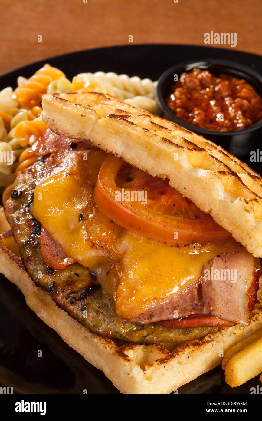 Hamburger meat eat cooked fast food potatoes sauce bread cheese tomato ...