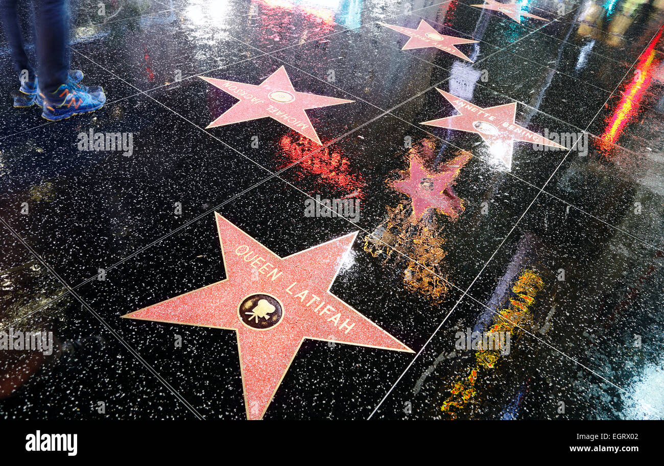 Hollywood Boulevard, Los Angeles. Hollywood Walk of Fame with neon ...
