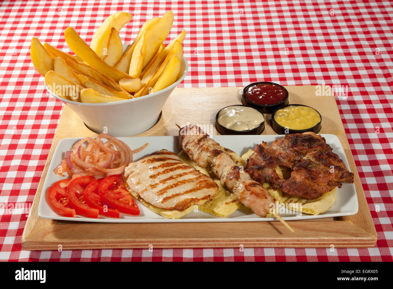 meat variety souvlaki beef pork chicken sausage lamb bread potatoes eat ...