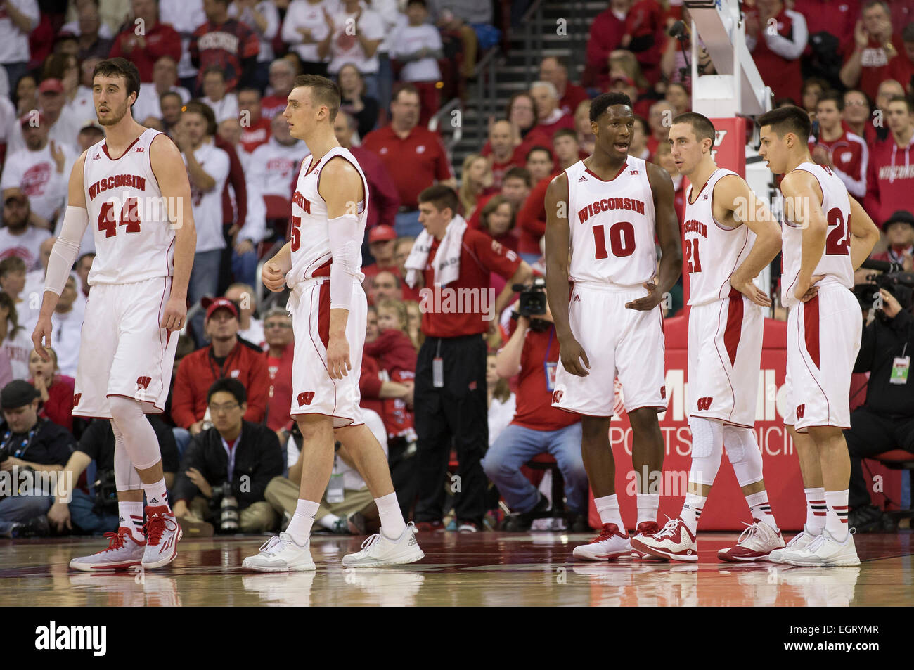 March 1, 2015: The Wisconsin Badgers starting five walks onto the court ...