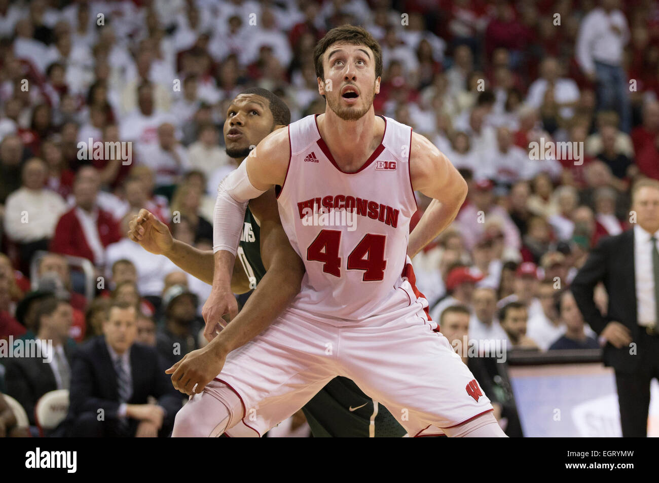 March 1, 2015: Wisconsin Badgers forward Frank Kaminsky #44 blocks out ...