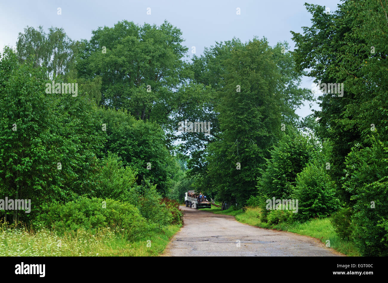 Village asphalt road with truck Stock Photo - Alamy