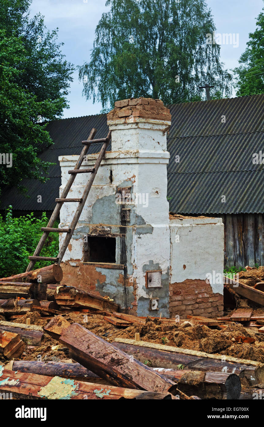The brick stove for cooking, heating for house and with sleeping bench ...