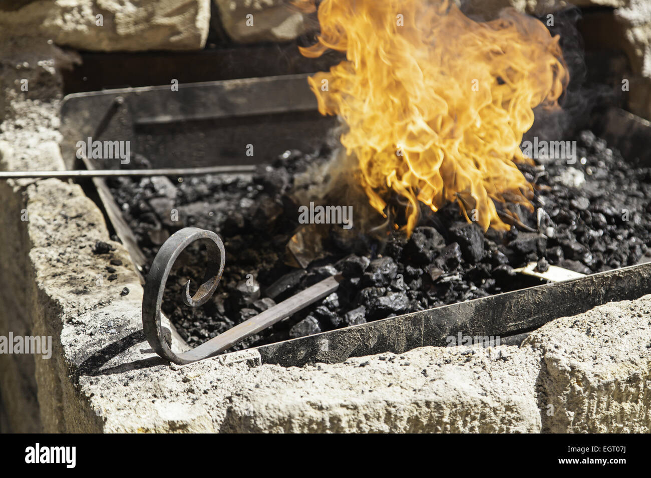 Flames in a forge, a forge detail for shaping metals, craftsmanship ...