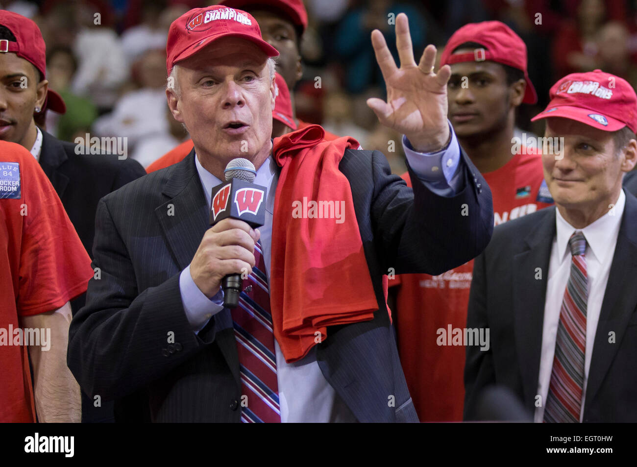 March 1, 2015: Wisconsin coach Bo Ryan talks to the crowd after winning ...