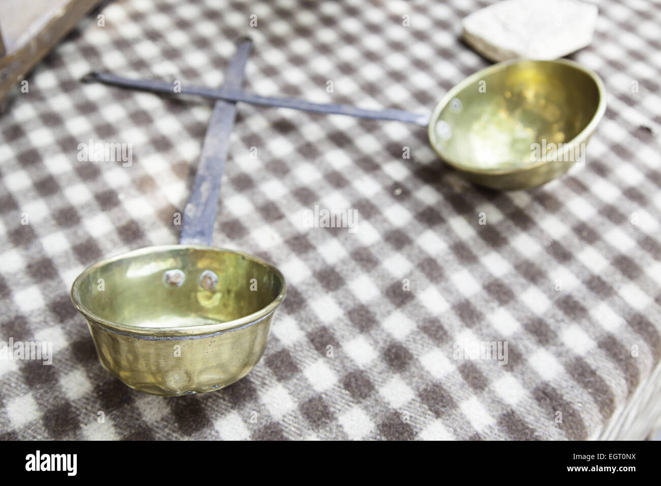 Antique brass pots, a detail of kitchen tools, antiquity Stock Photo ...