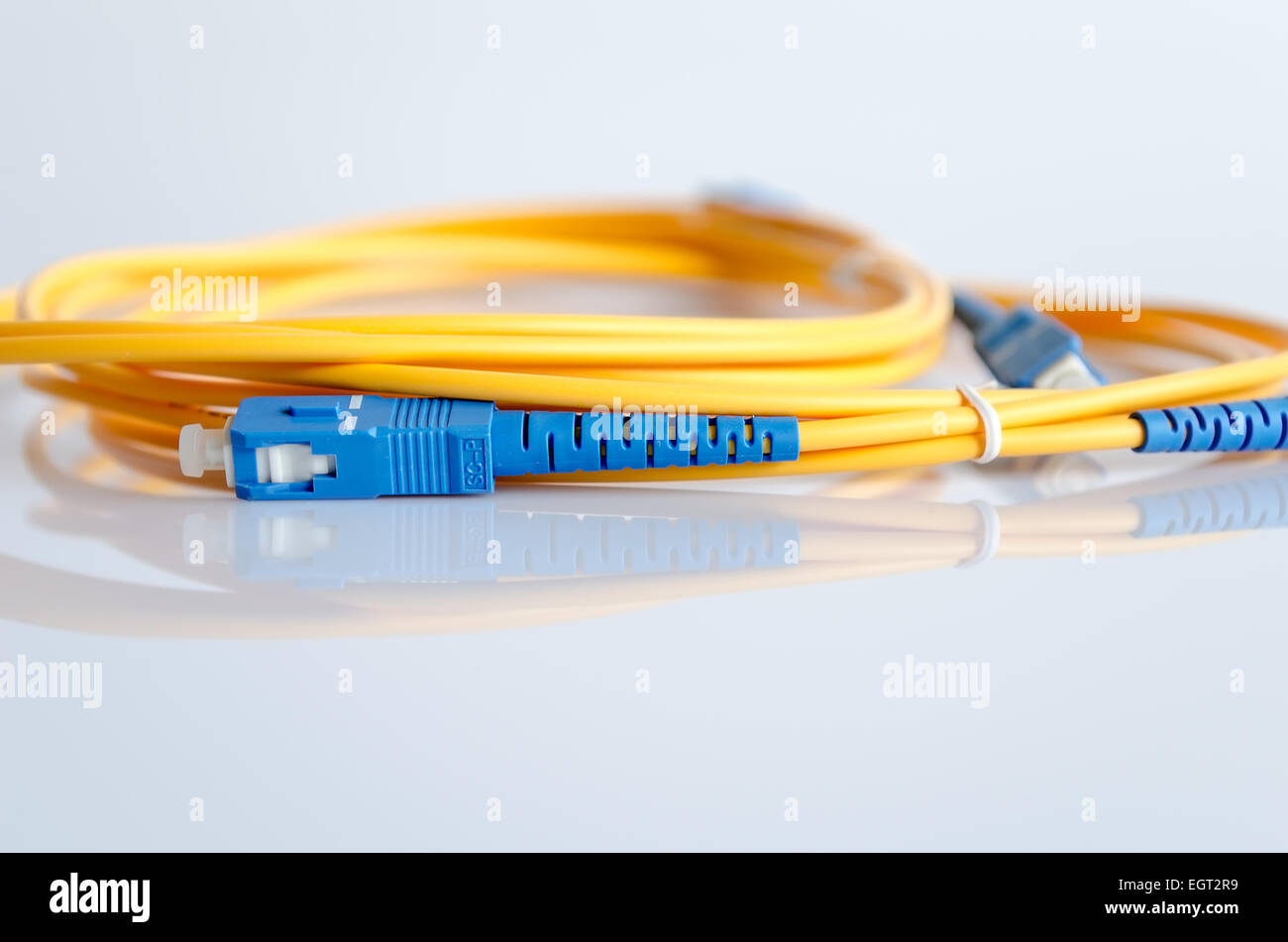Fiber optical patch cord with plugs isolated on white background Stock ...