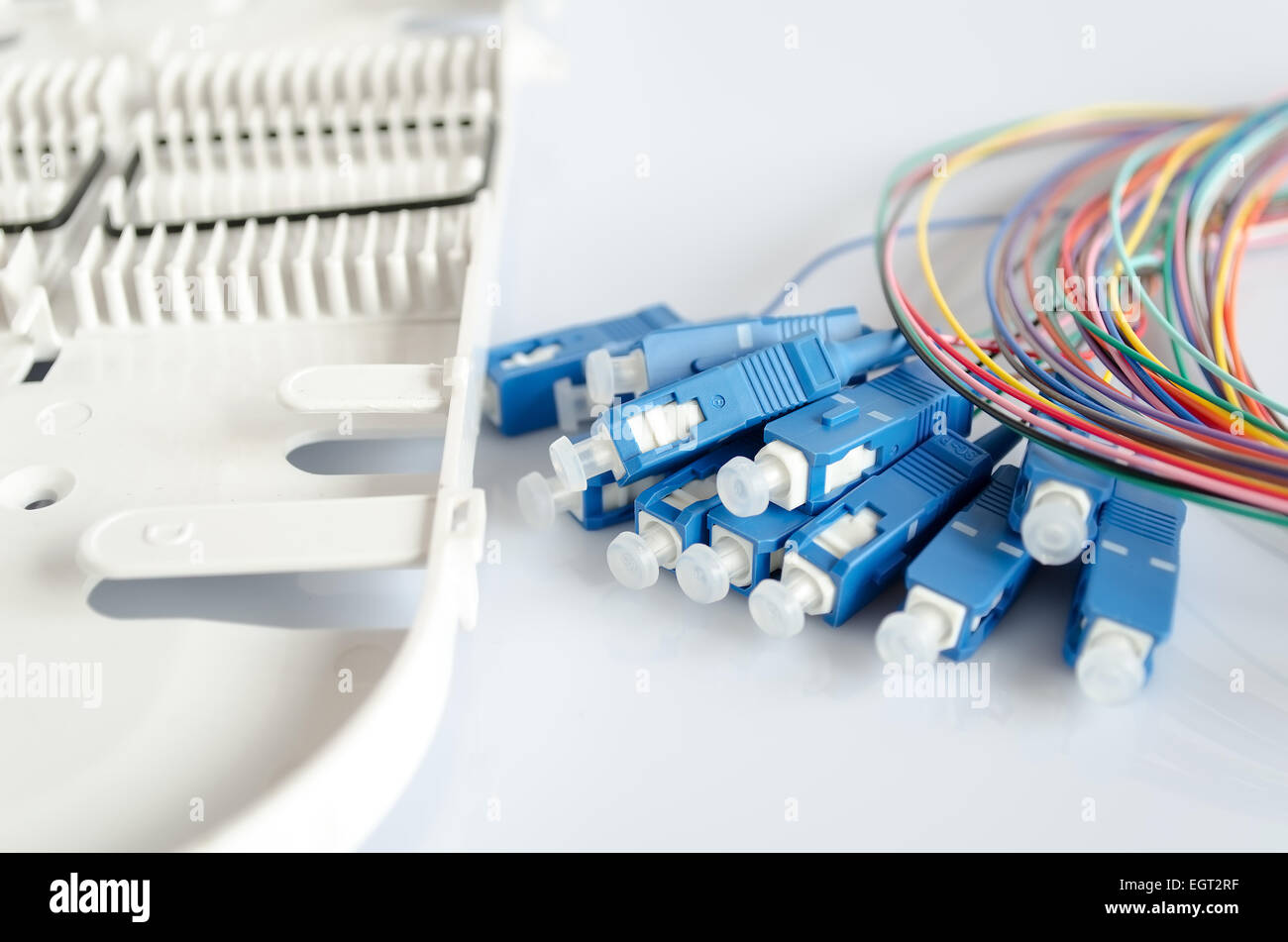 Fiber optical patch cord with plugs isolated on white background Stock ...