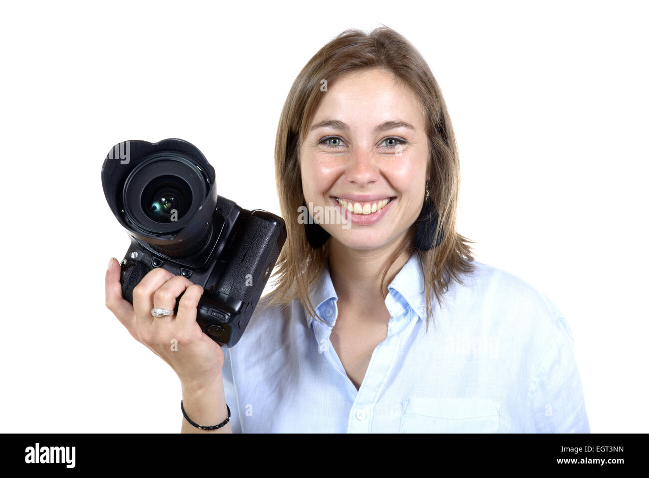 pretty woman with camera on white background Stock Photo - Alamy