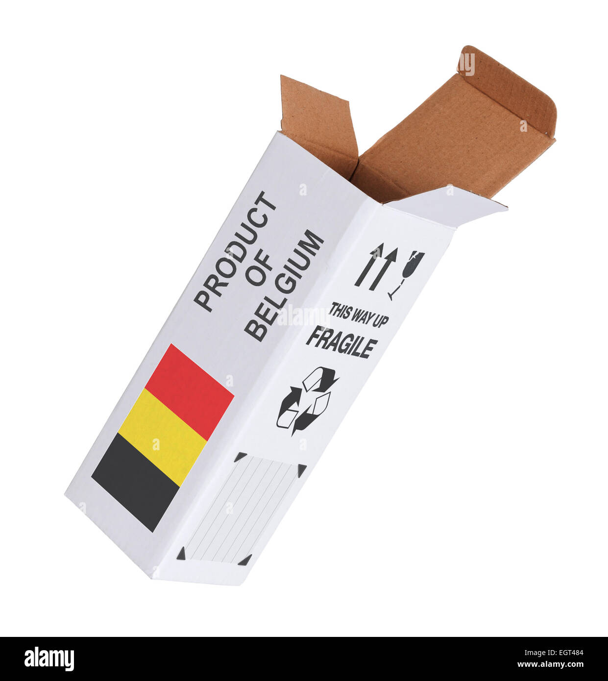 Concept of export, opened paper box - Product of Belgium Stock Photo ...