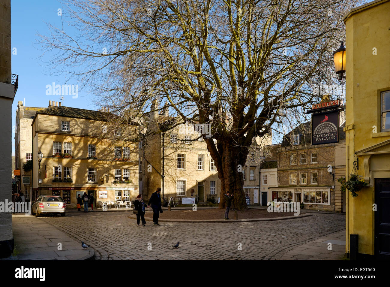 Bath, England, UK - 18 Feb 2015: The scene in Abbey Green on a sunny ...