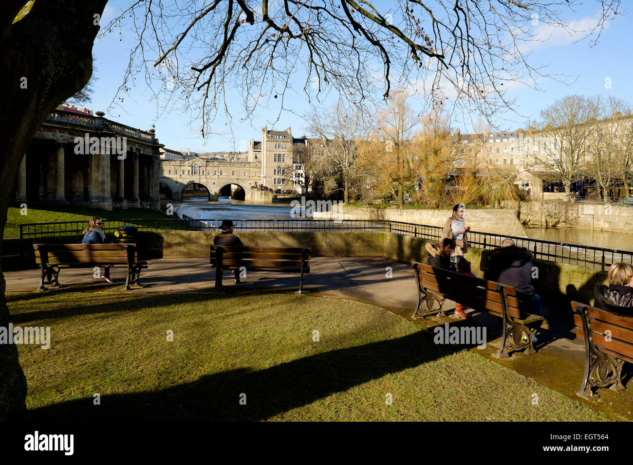 Bath, England, UK - 18 Feb 2015: People sitting in Parade Gardens, Bath ...