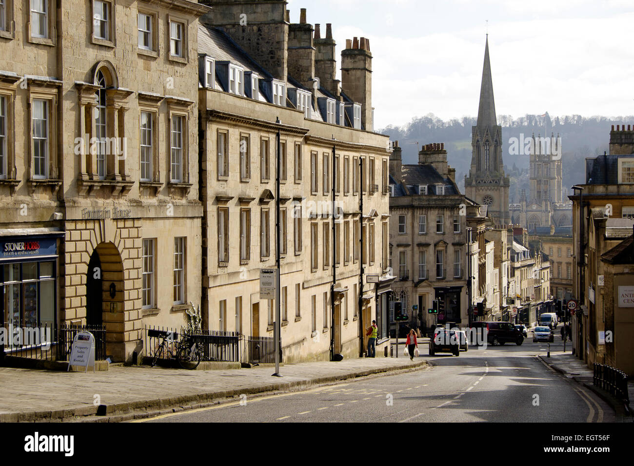 Bath, England, UK - 18 Feb 2015: Lansdown Road leading to the spire of ...