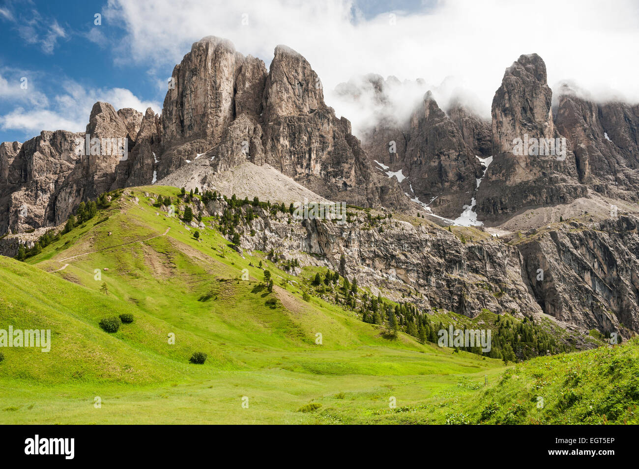 Sella massif, view from Gardena Pass, Passo Gardena, 2121m, Dolomites ...