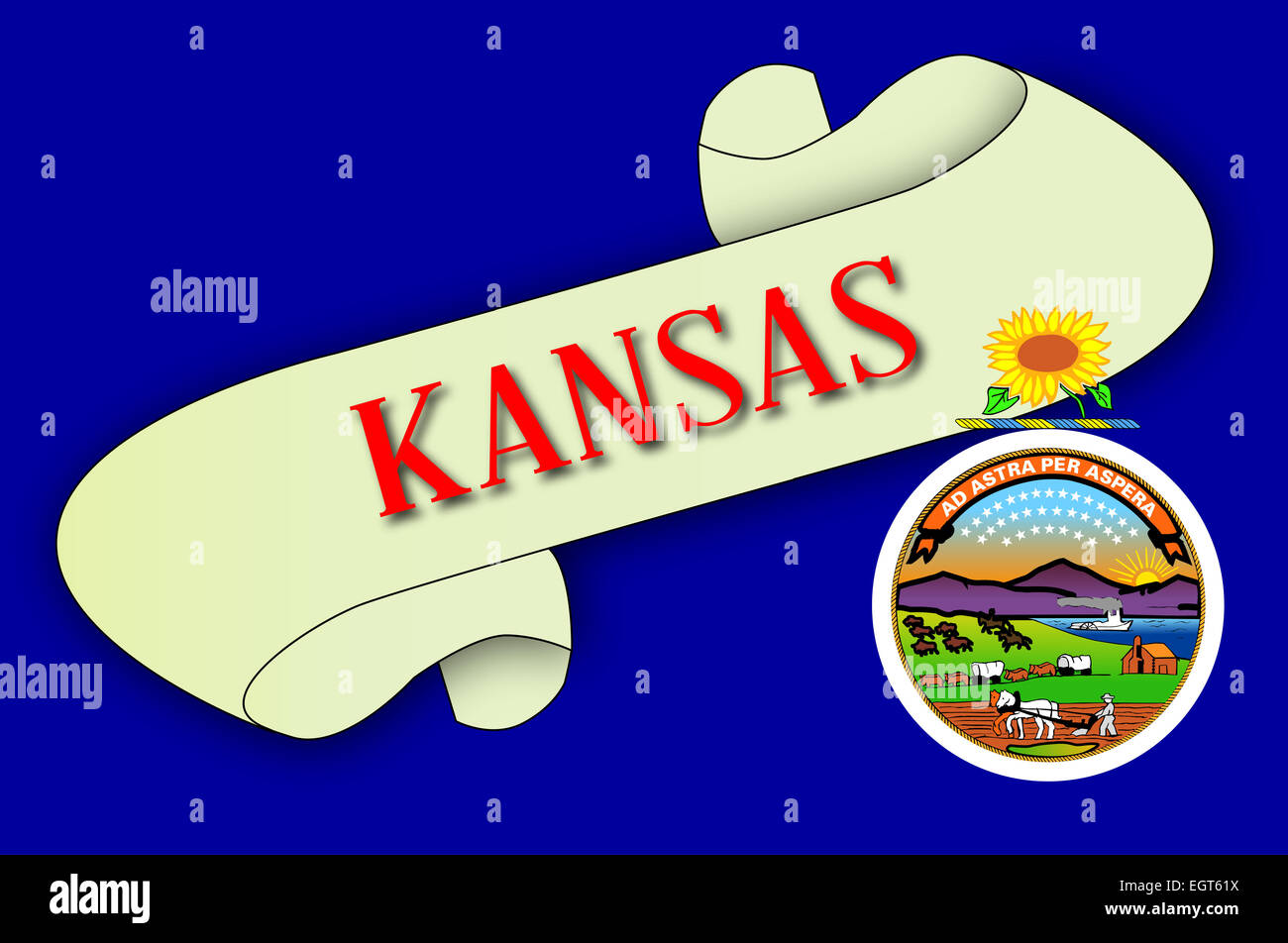 Kansas scroll with name and state flag icons Stock Photo - Alamy