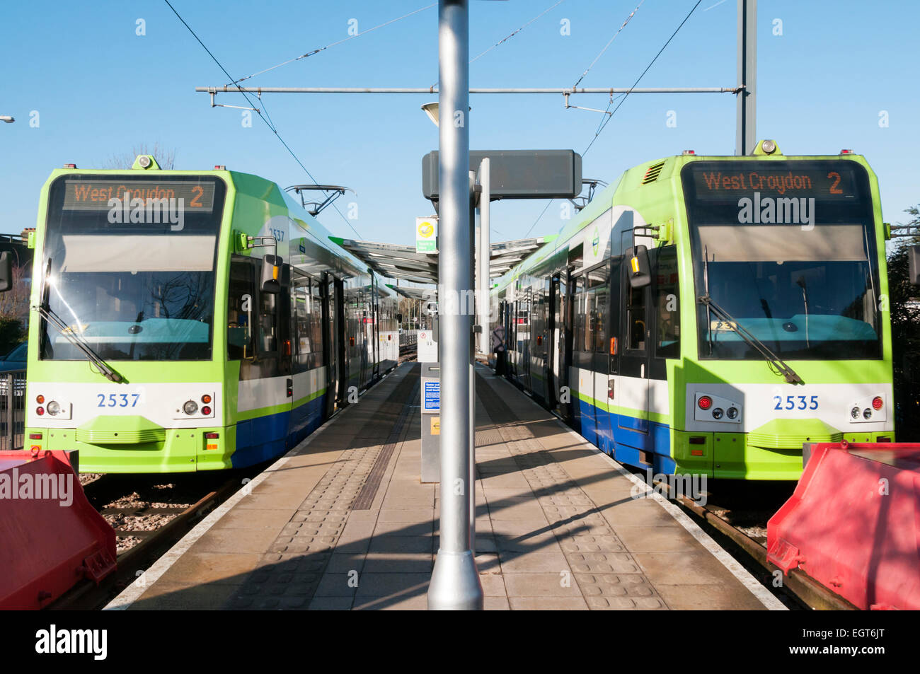 Two trams at Beckenham Junction Tramlink station showing West Croydon ...