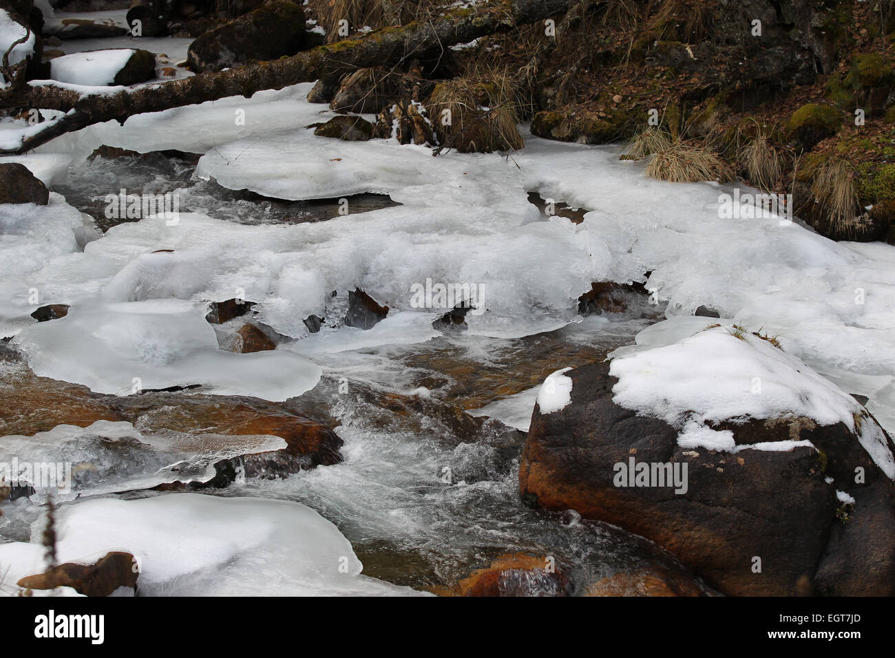 scenic views of the mountain stream flowing between the mountains Stock ...