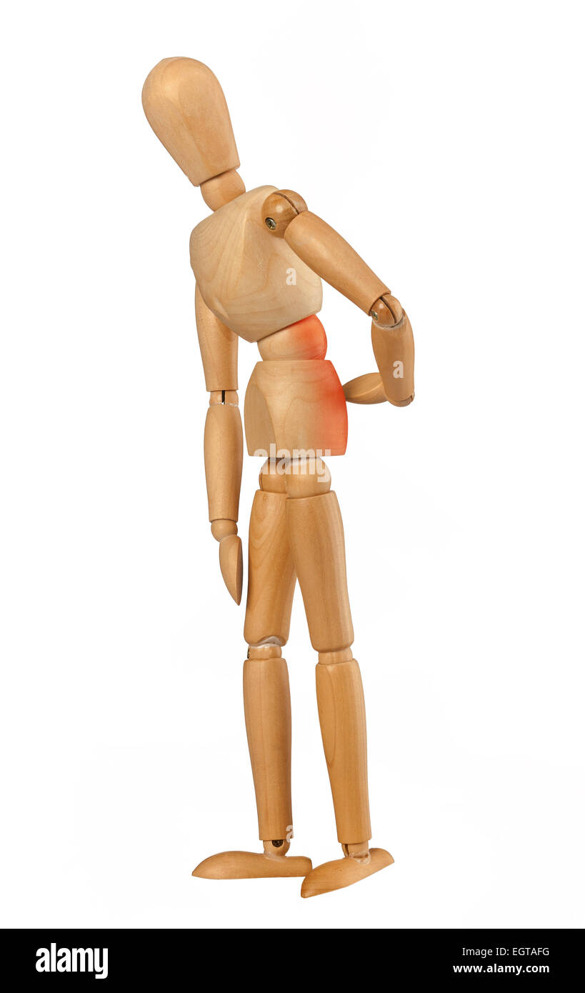 Wooden dummy with back pain isolated on white background Stock Photo ...