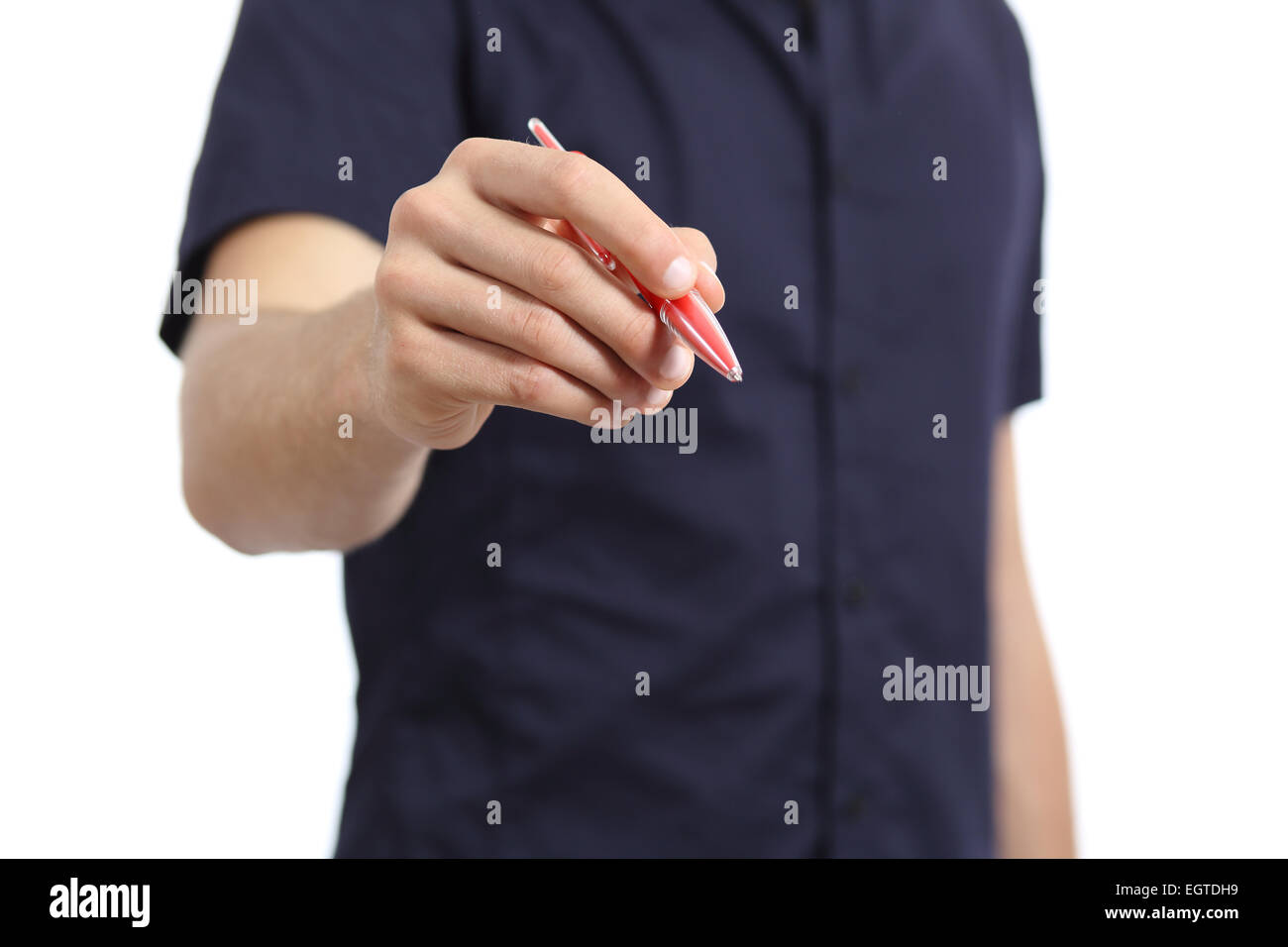 Close up of a man hand writing on the air on a white background Stock ...