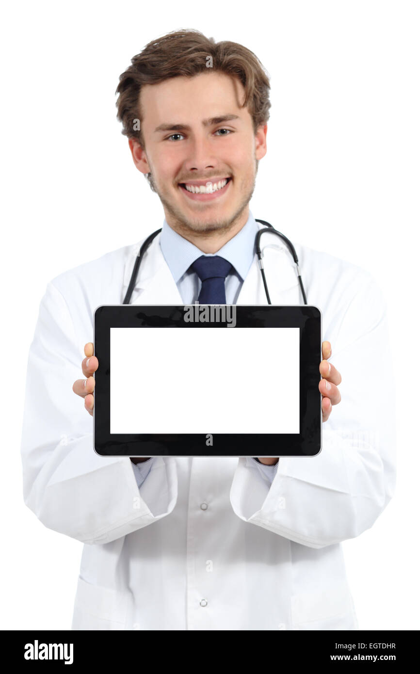 Happy doctor man showing a blank tablet screen software on a white ...