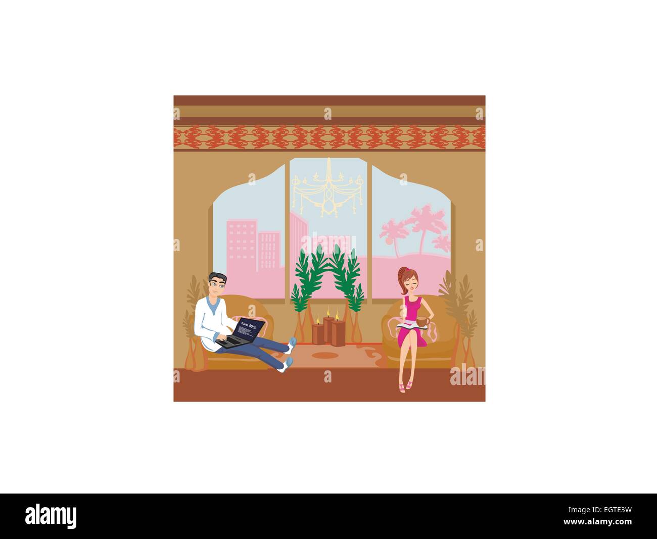 Woman relaxing home laptop Stock Vector Images - Alamy