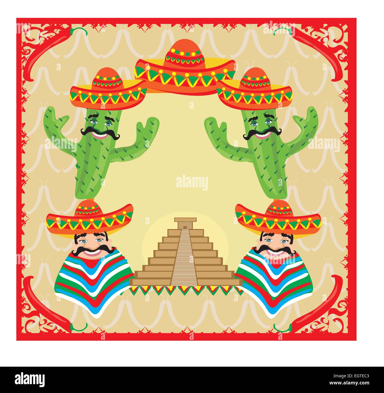 vector mexican frame with pyramid, cactus and sombrero Stock Vector ...