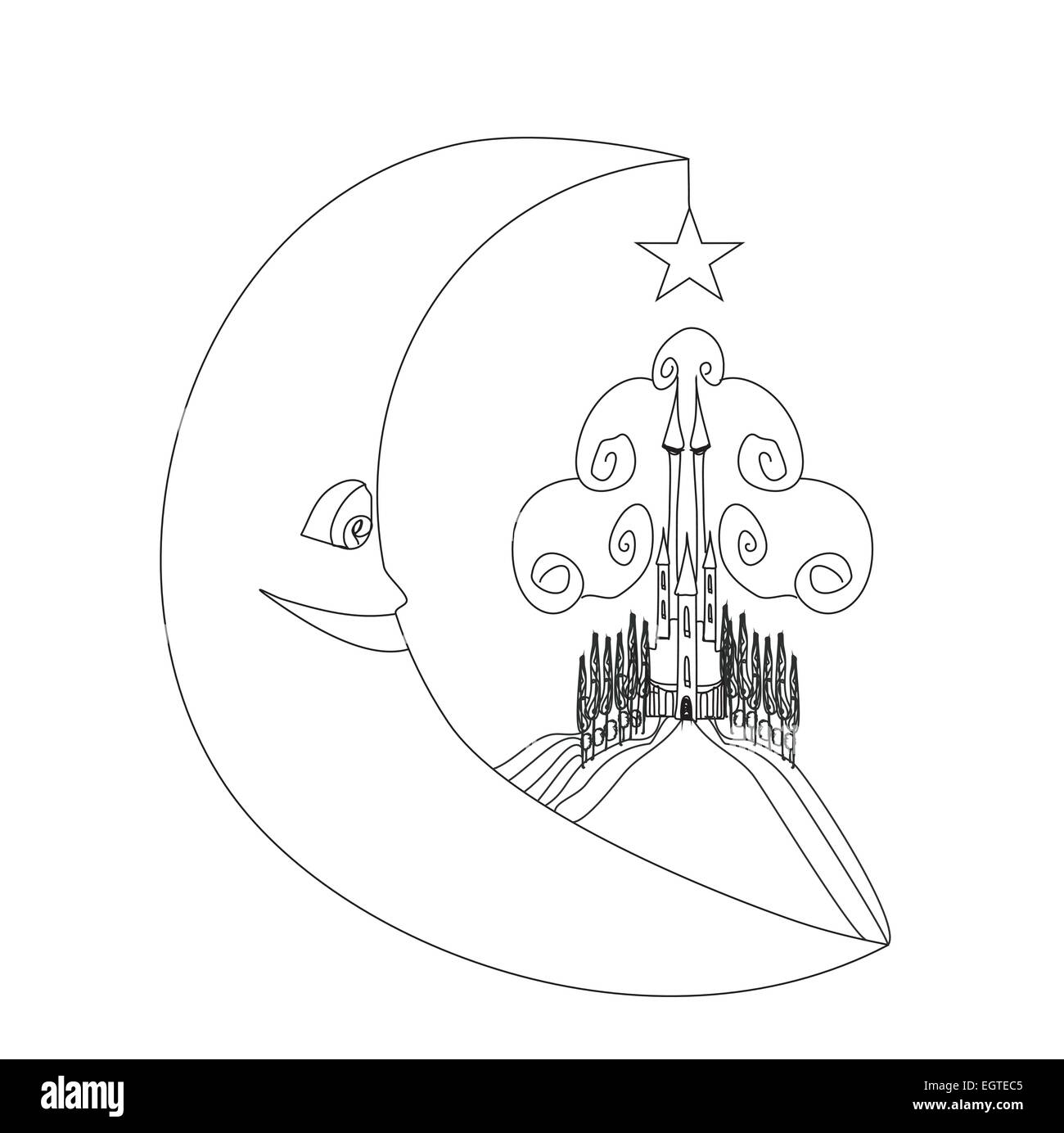 medieval castle and smiling moon - hand drawing illustration Stock ...
