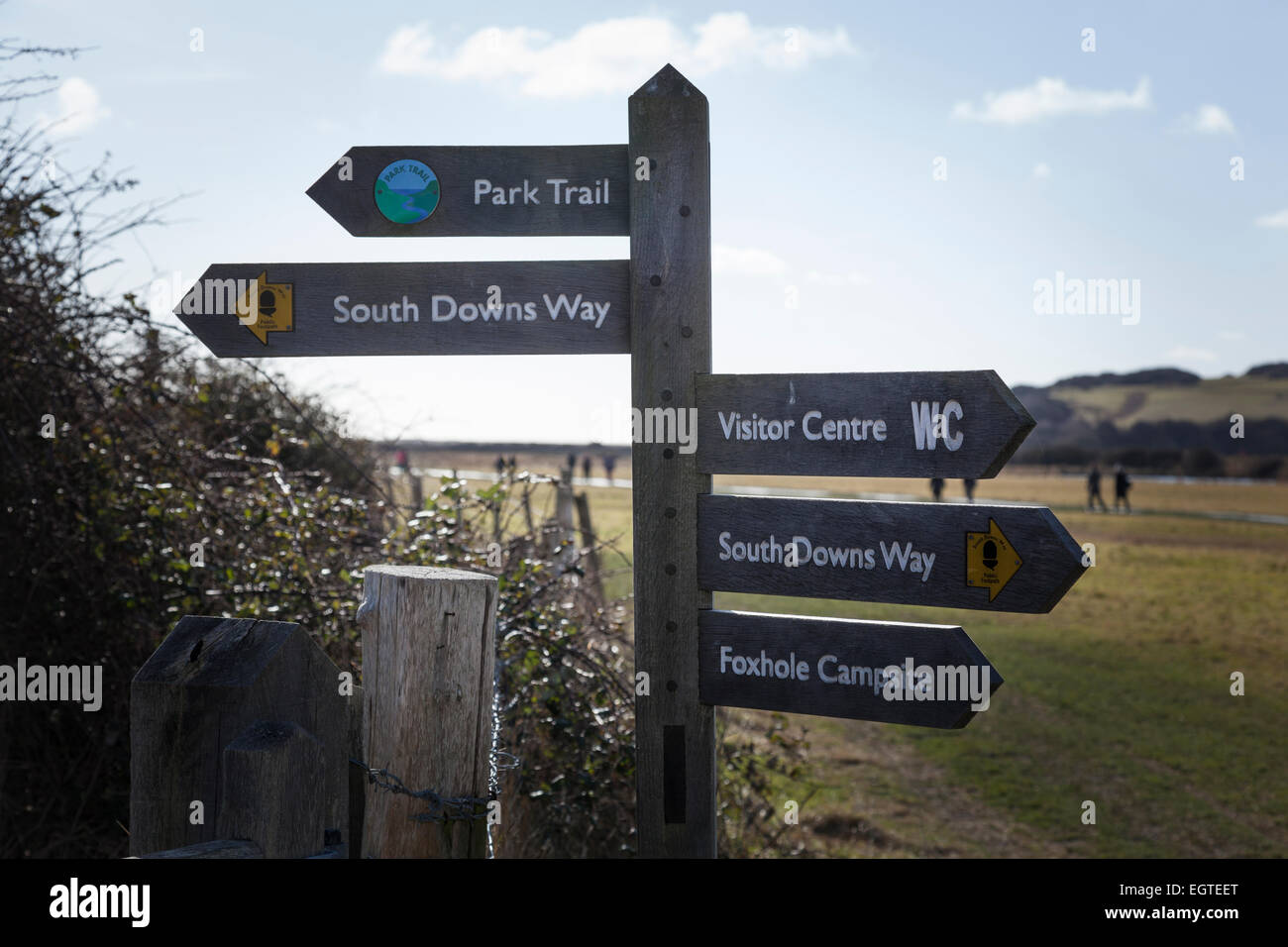 Wooden signpost in the Seven Sisters Country Park, pointing the way to ...