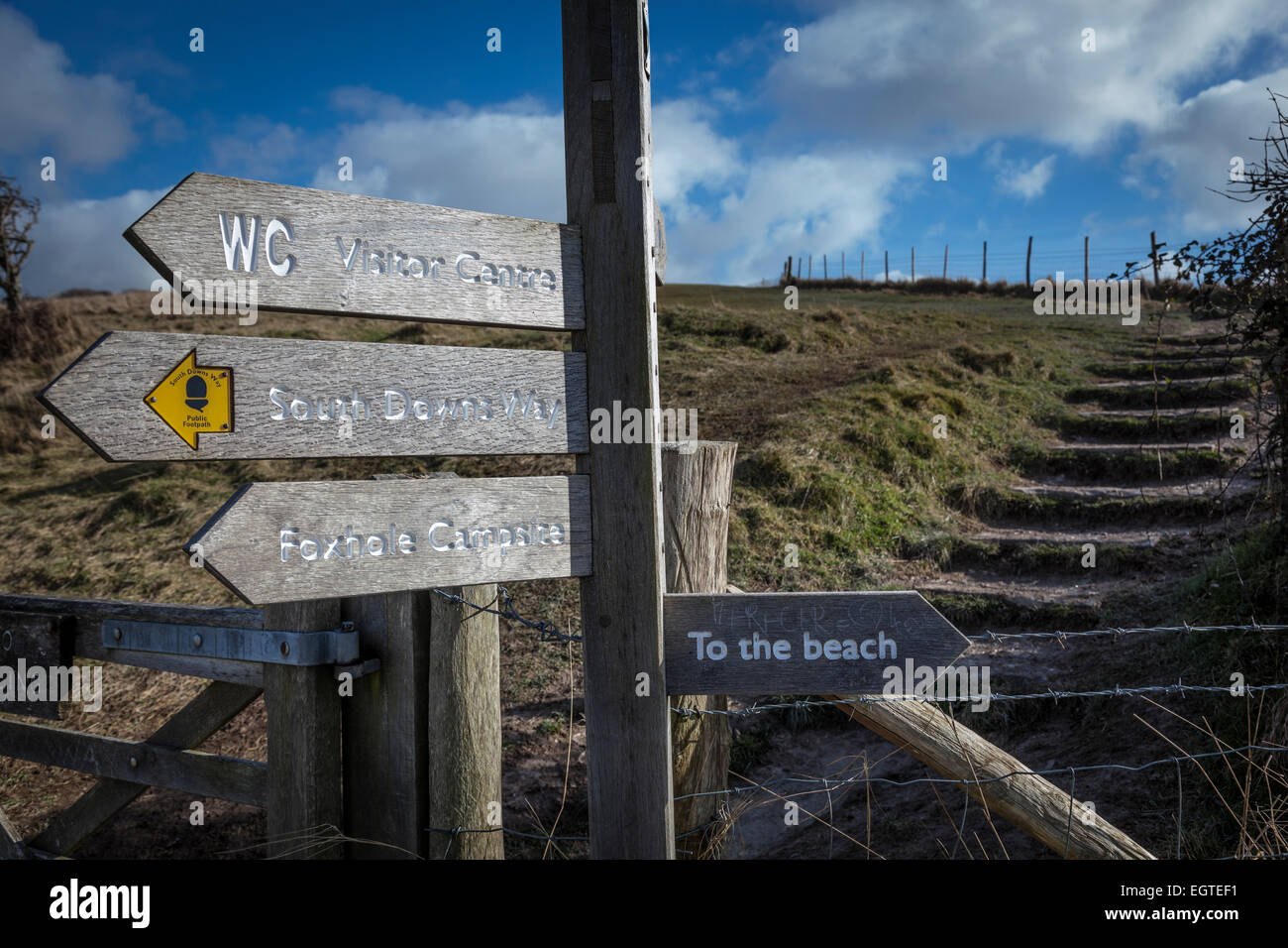Wooden signpost in the Seven Sisters Country Park, pointing the way to ...