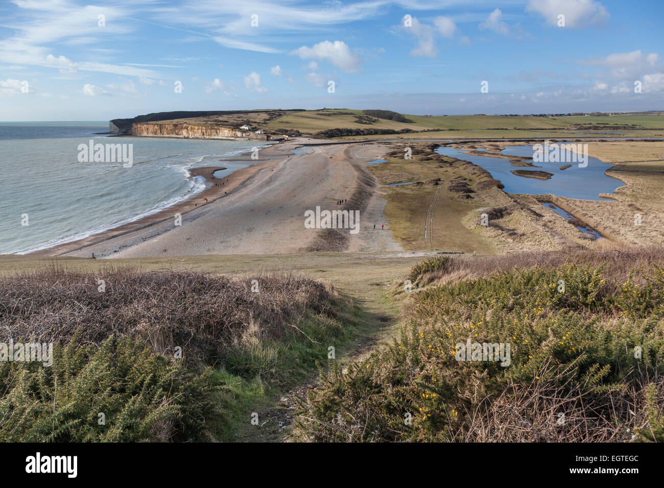 View from the Seven Sisters looking down on the shingle beach and bar ...