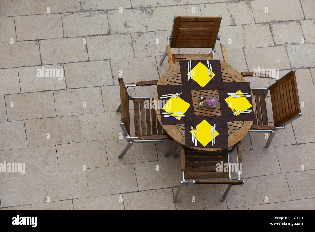 Outdoor summer cafe tables with chairs. View from above. Copy space ...