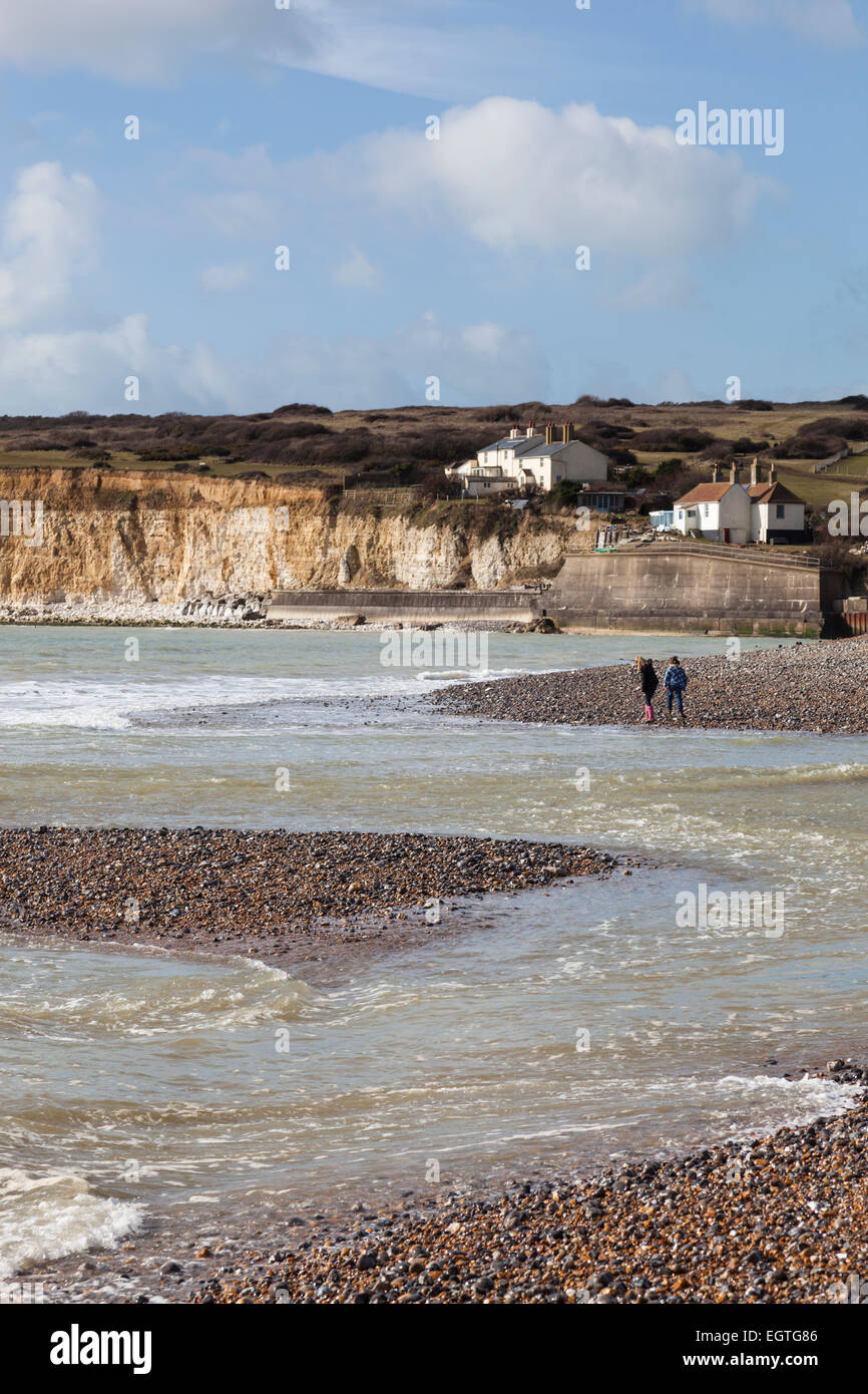 The estuary of the River Cuckmere flowing into the sea at high tide ...