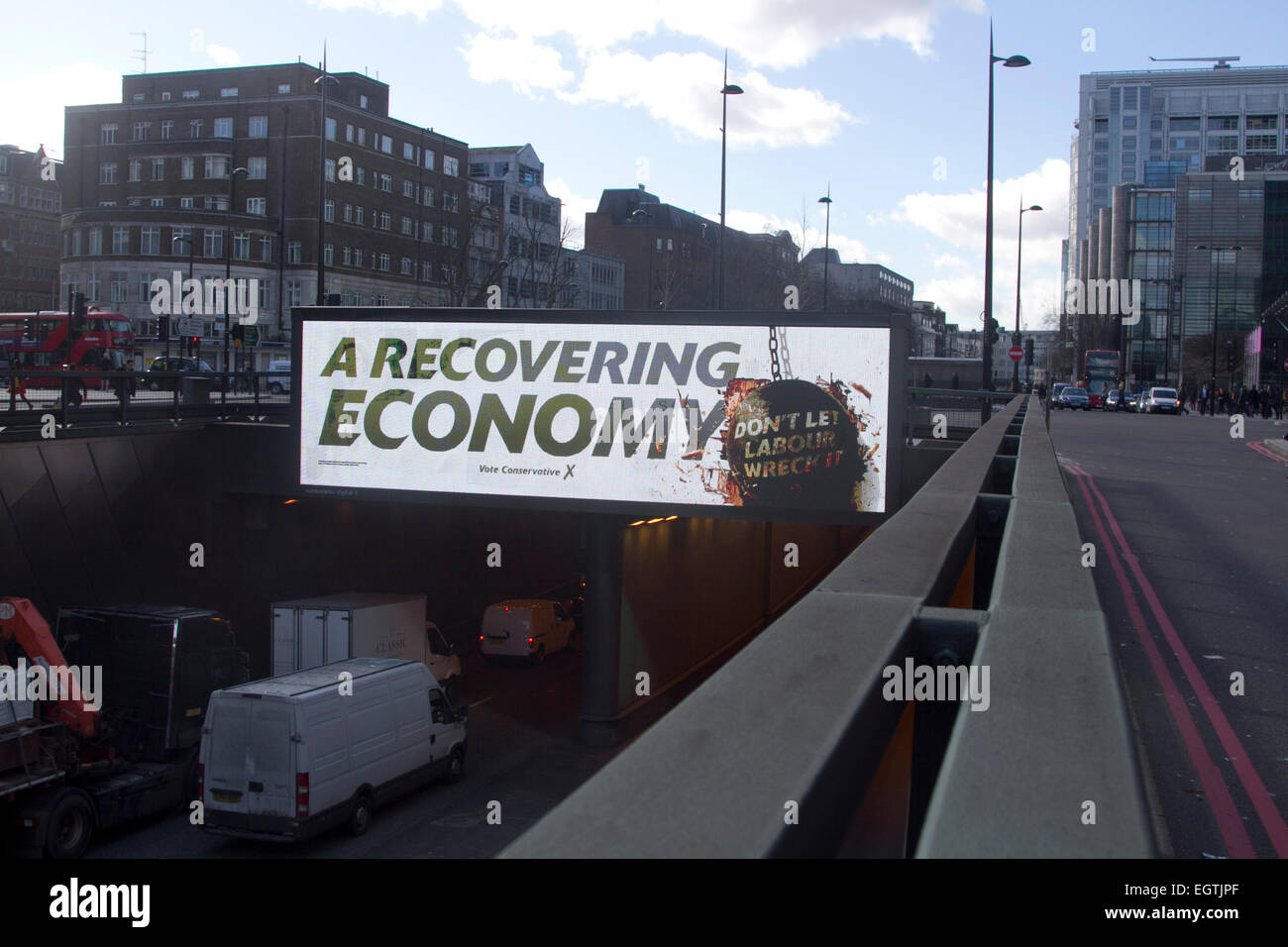 London,UK. 2nd March 2015. An electronic board flashes a campaign ...
