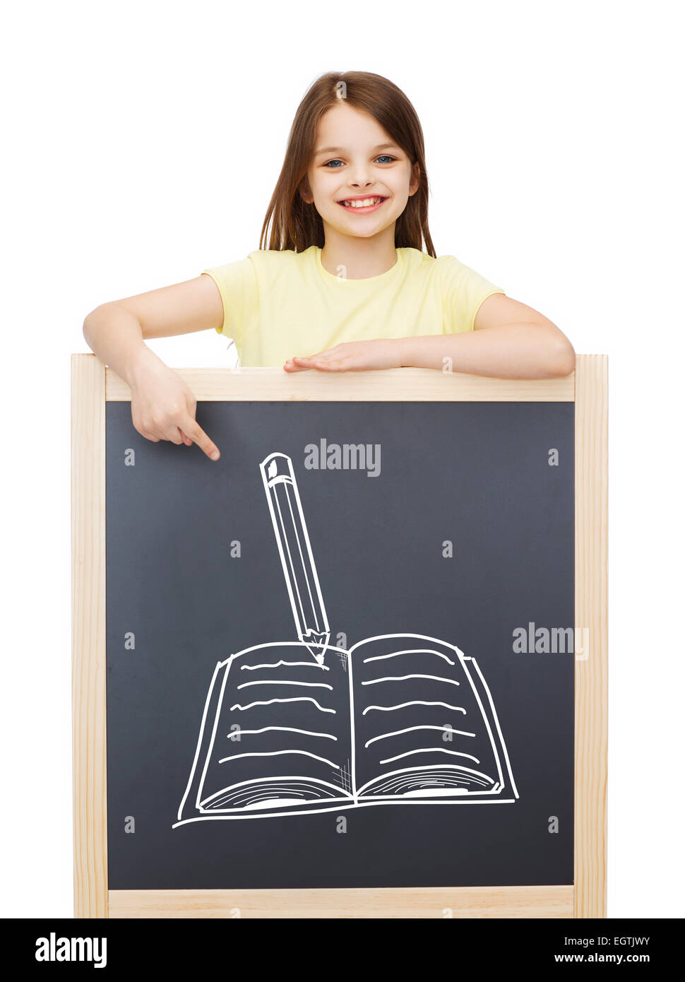 smiling little girl pointing finger to blackboard Stock Photo - Alamy