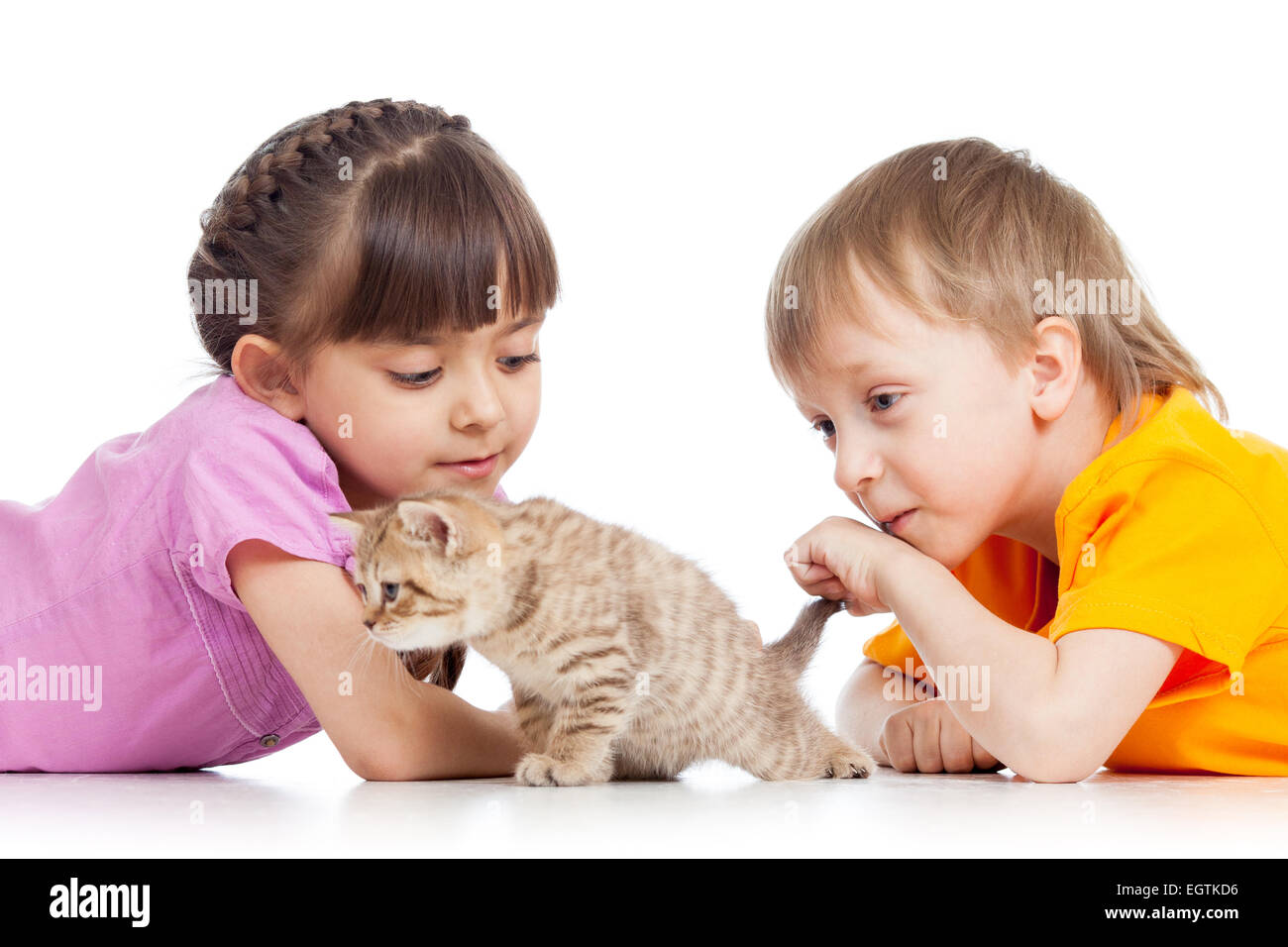 children playing with cat kitten Stock Photo - Alamy
