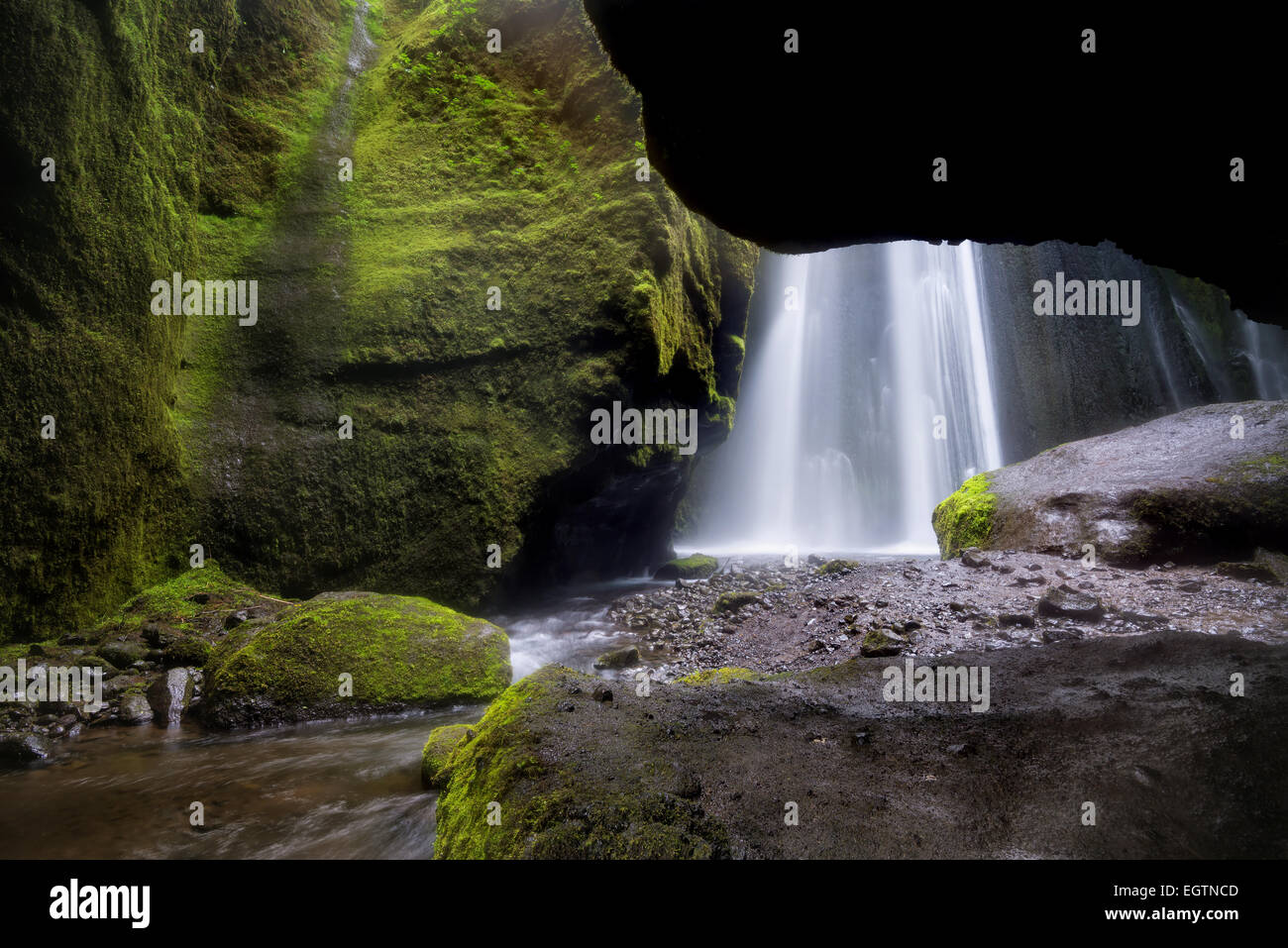 Beautiful and dramatic Gljufrabui waterfalls inside a cave in Iceland ...